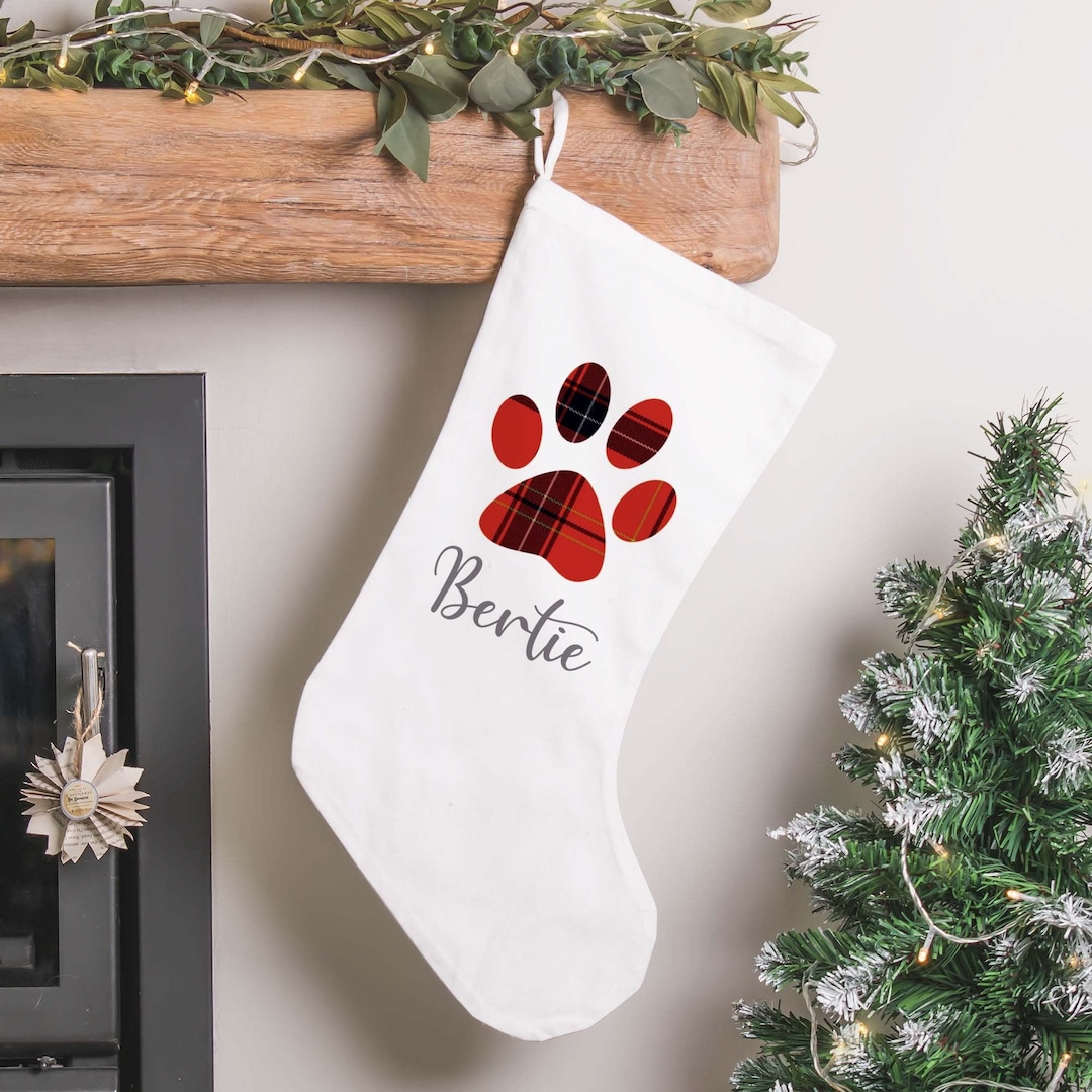 Personalised Christmas Stocking, Dog Stocking, Red Tartan Paw, Animal ...