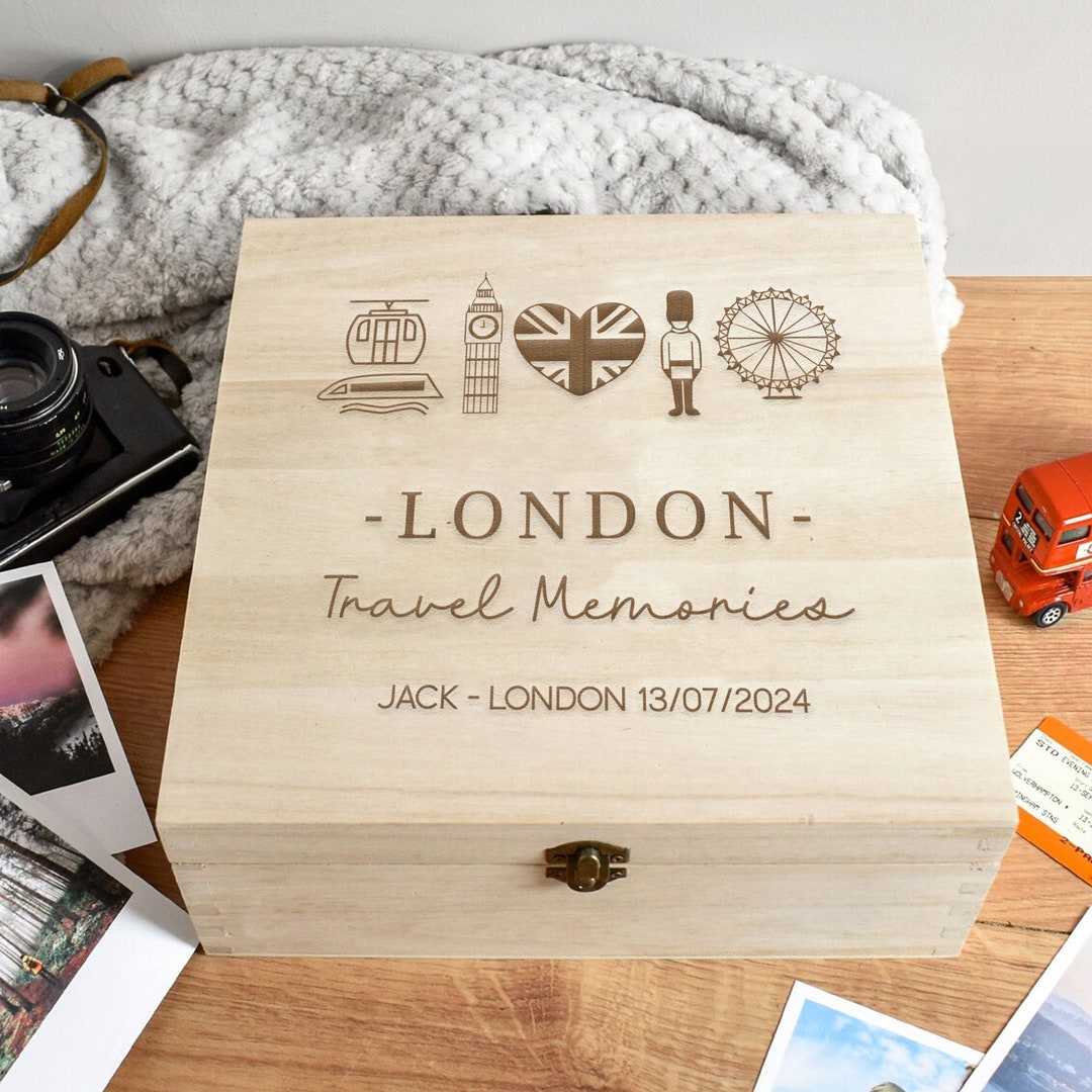 Personalised Engraved London Travel Box, Wooden Travel Keepsake Box ...