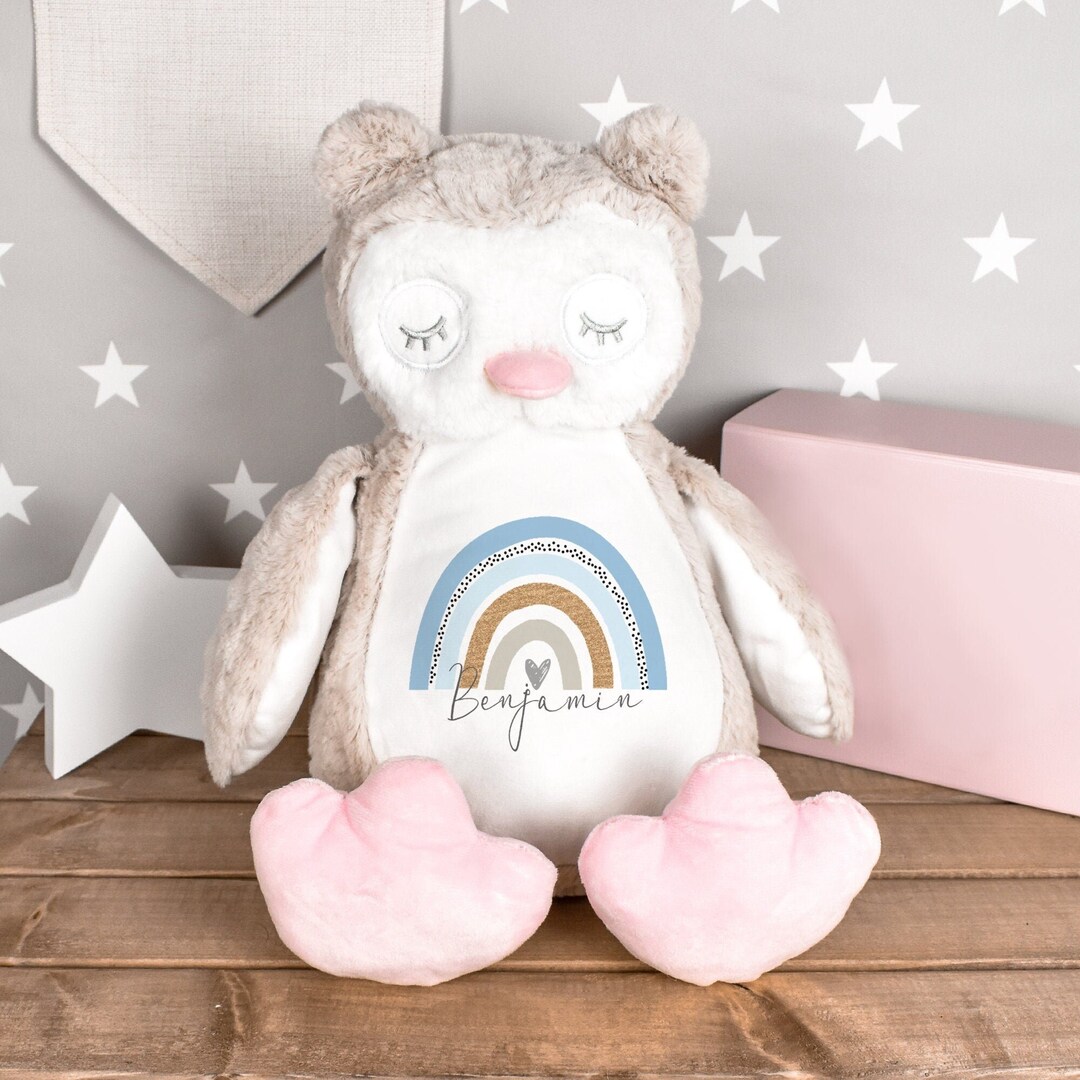 Personalised Owl Teddy, Blue Rainbow Teddy, New Baby Gift, Customised ...