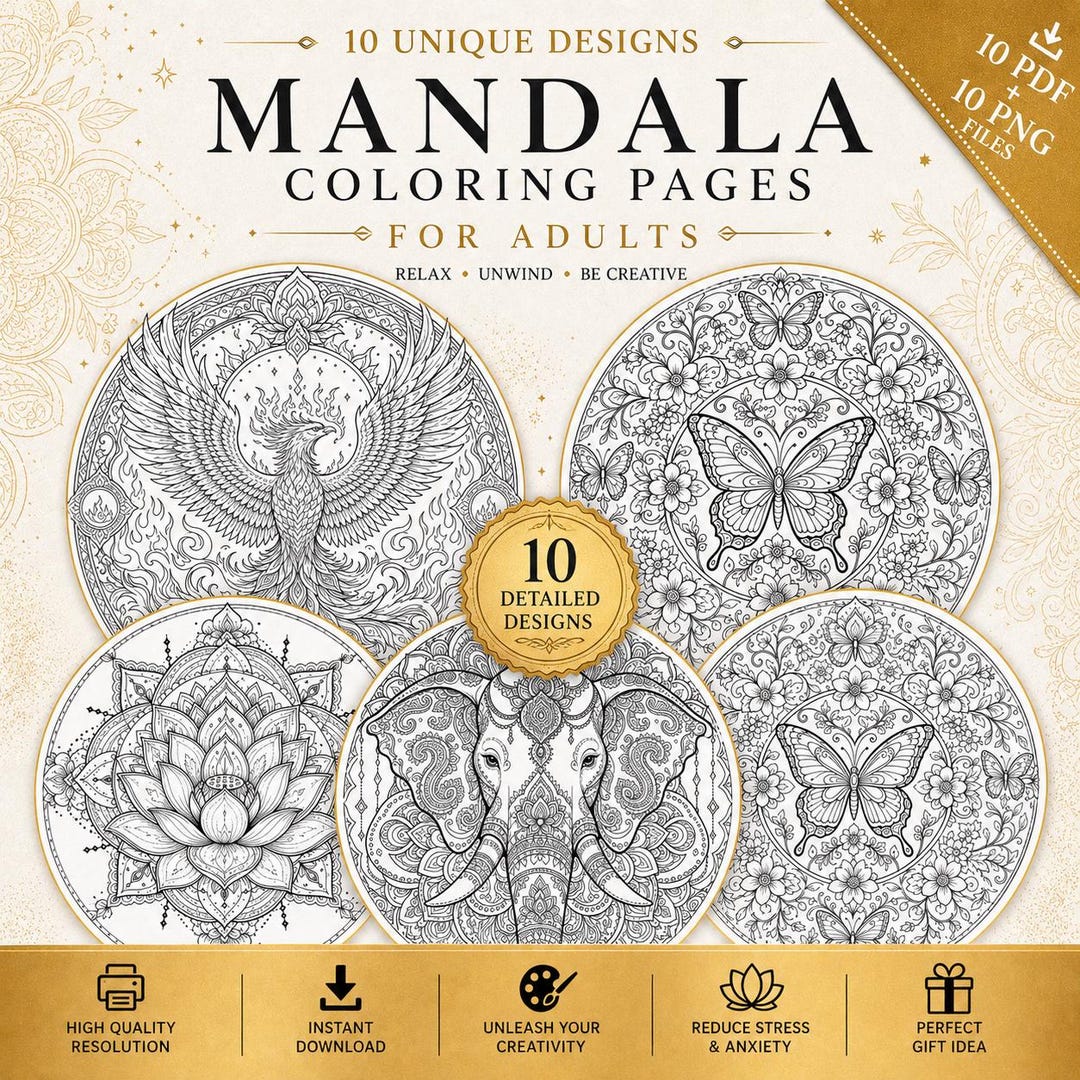 Mandala Coloring Pages for Adults, Stress Relief Bundle (10 PDF PNG ...