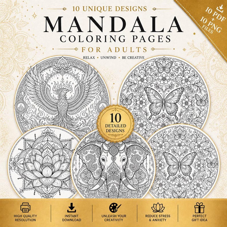 Mandala Coloring Pages for Adults, Stress Relief Bundle (10 PDF PNG ...