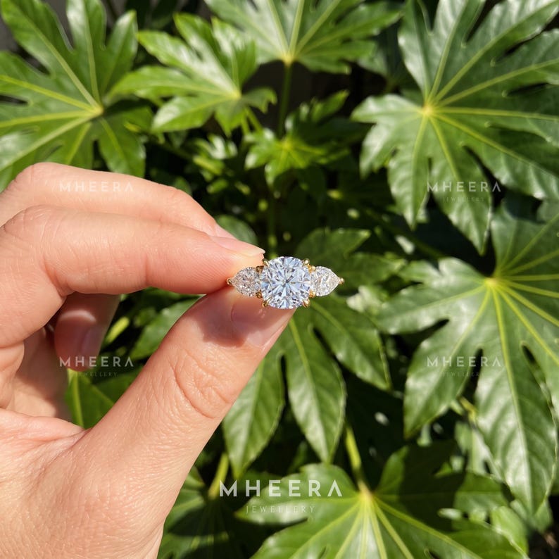 Three Stone Lab Grown Diamond Ring, Pear Engagement Ring | Trilogy ...