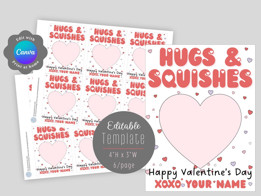 Hugs & Squishes Valentines Printable Gift Tag Canva Template for ...