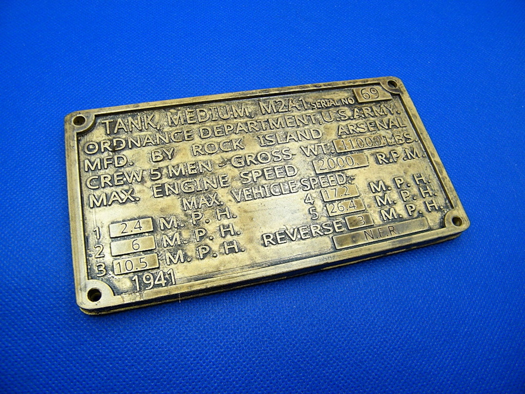 WWII US Army M2A1 Medium Tank Builders Plate / ID Plate - Resin ...