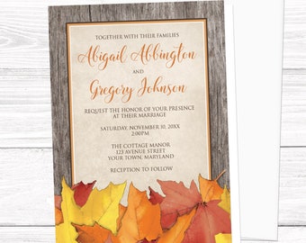 Autumn Wedding Invitations Rustic Falling Leaves Wood Gold | Etsy
