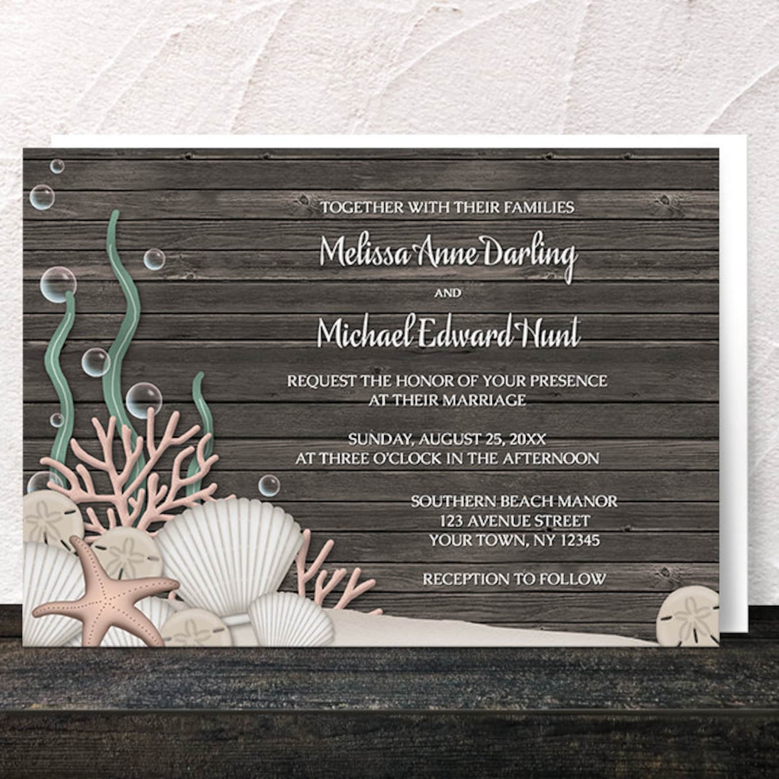 Rustic Beach Wedding Invitations Seashells Sand Wood | Etsy