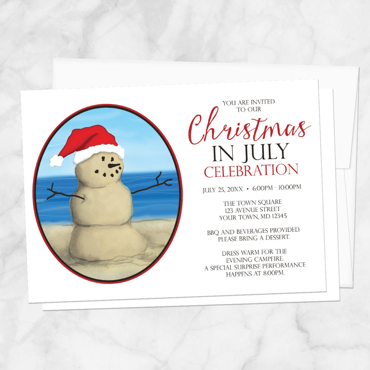 Christmas in July Party Invitations - Modern Illustrated Sand Snowman ...