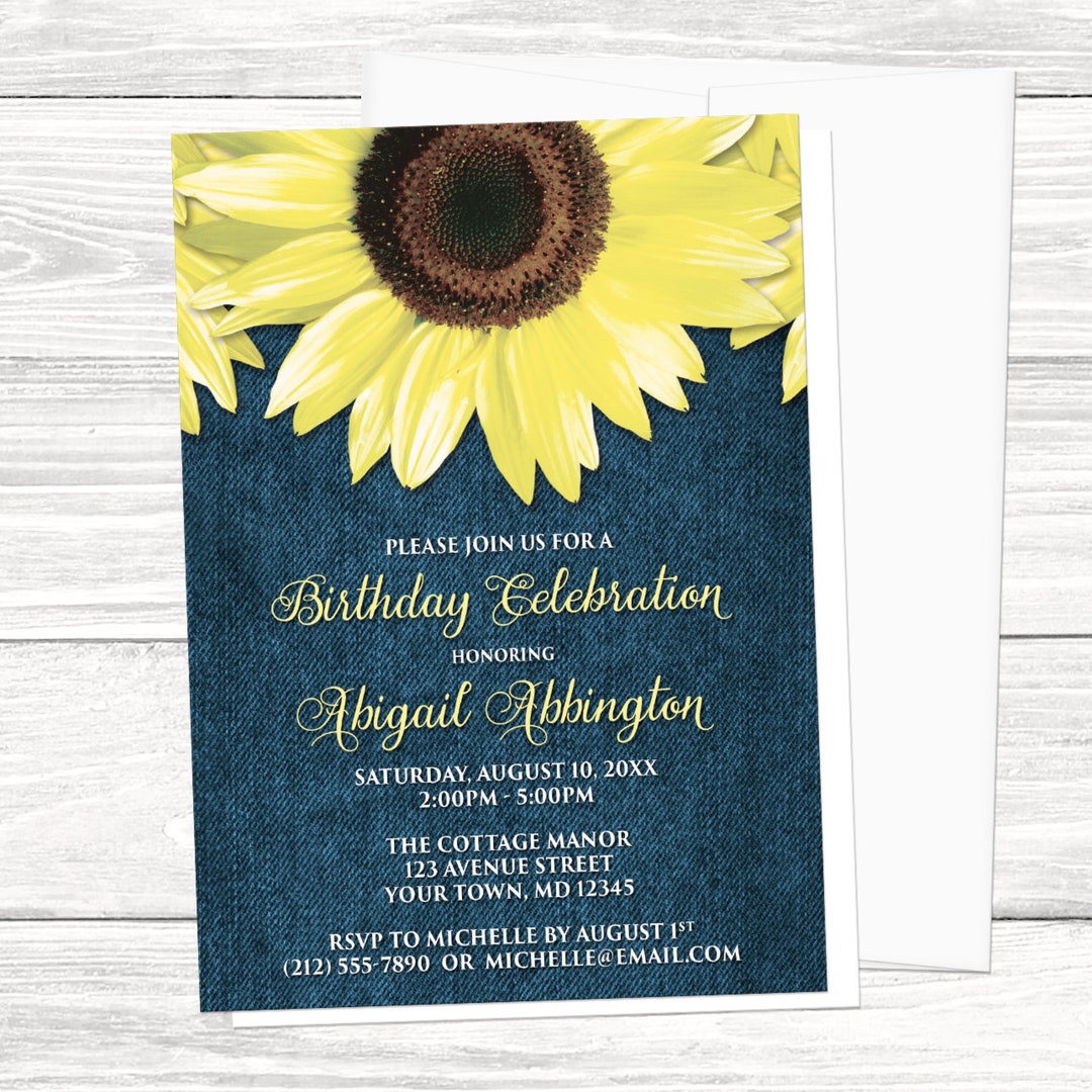 Sunflower Birthday Party Invitations, Rustic Denim, Floral Yellow Blue ...