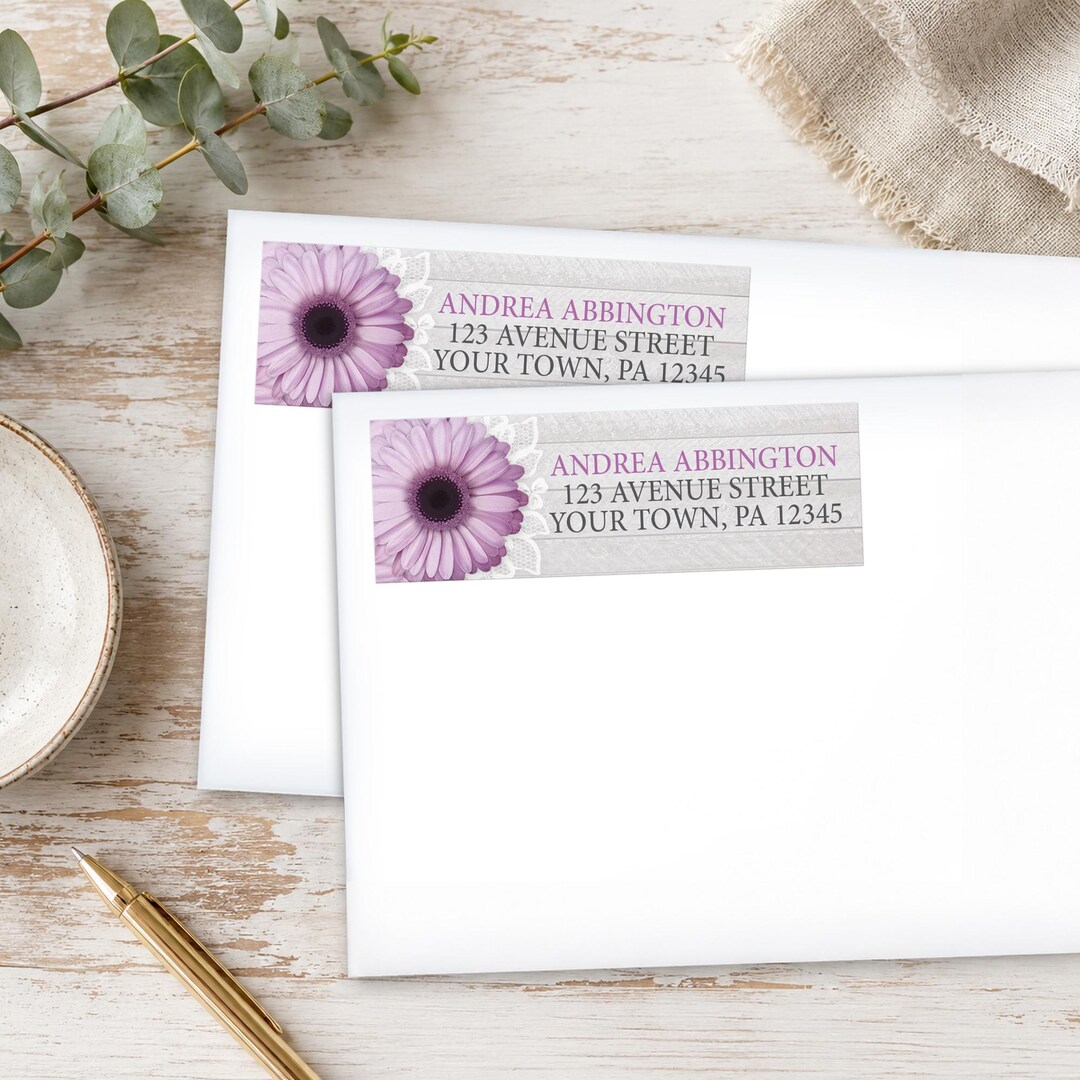 Purple Daisy Address Labels, Rustic Floral Light Gray Wood - Printed ...