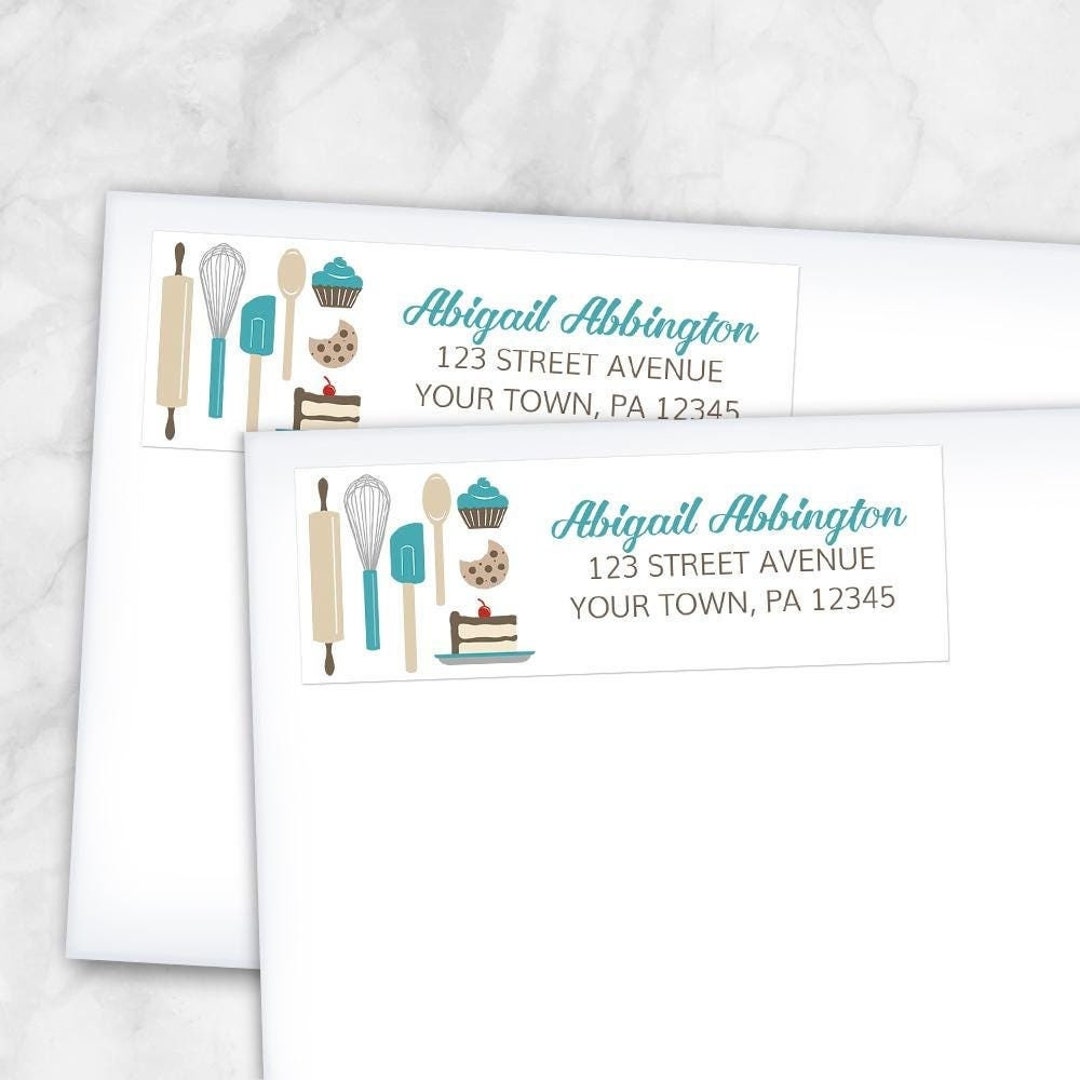 Turquoise Baking Address Labels, Cute Baking Tools and Treats on White ...