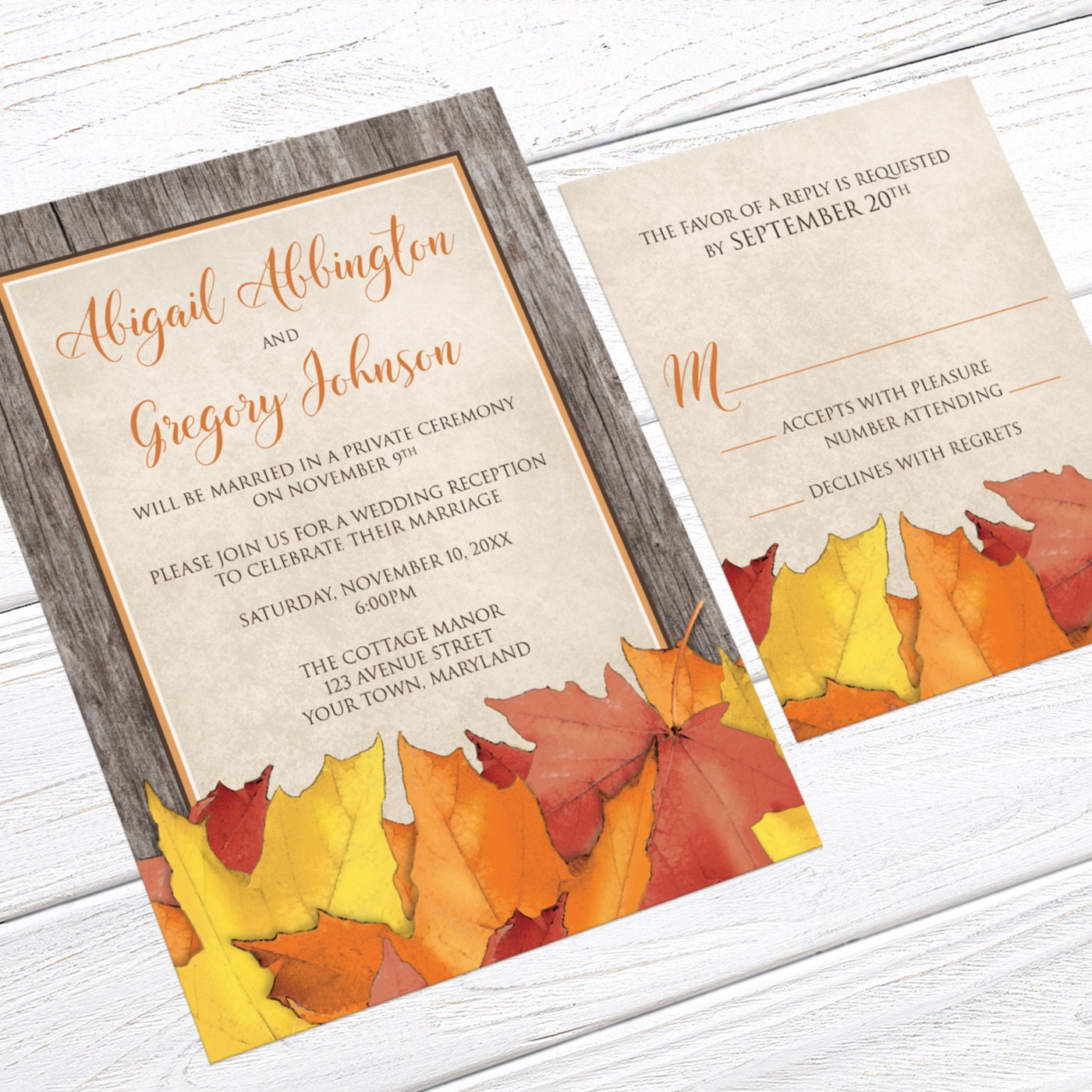 Fall Reception Only Invitations Rustic Leaves and Wood, Autumn ...