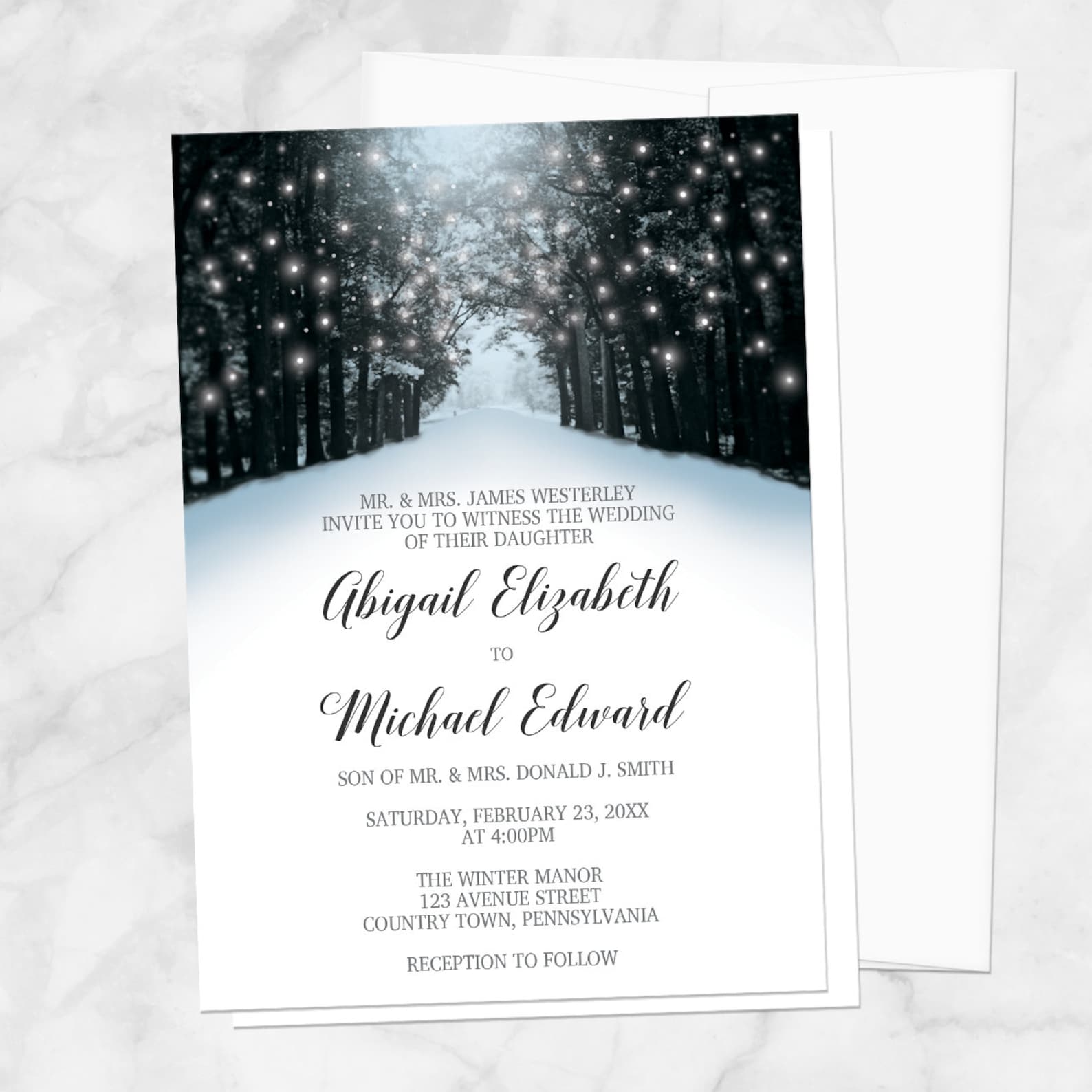 Winter Wedding Invitations, Snowy Road Tree Lights, Winter Wonderland ...