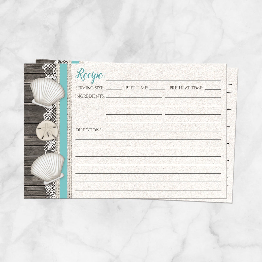 Seashells Teal Lace Recipe Cards, Beach Rustic Wood Sand, Double-sided ...