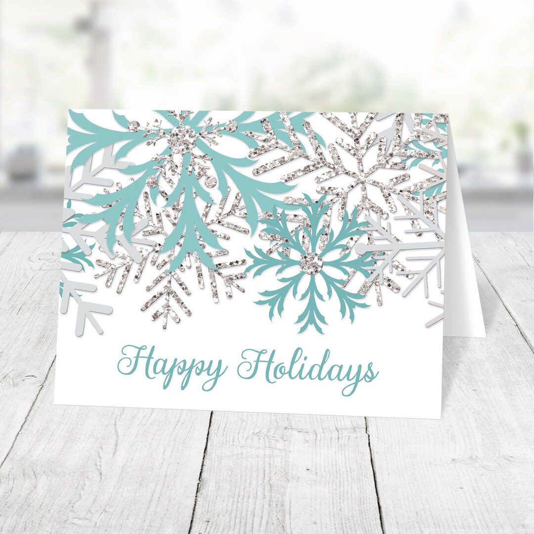 Holiday Cards, Teal Silver Snowflake Winter Design, Happy Holidays ...