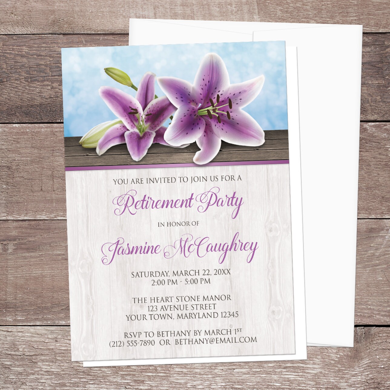 Purple Lily Retirement Invitations, Pretty Floral Rustic Wood - Printed ...