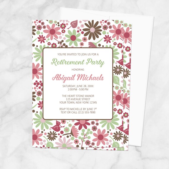 Summer Retirement Party Invitations, green berry pink brown flowers ...