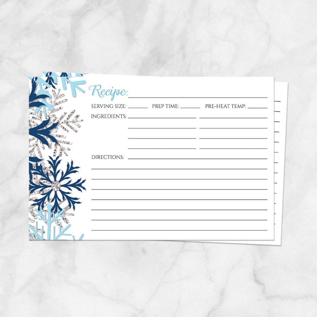 Winter Recipe Cards, Blue Silver Snowflake - 4x6 Printed - Etsy