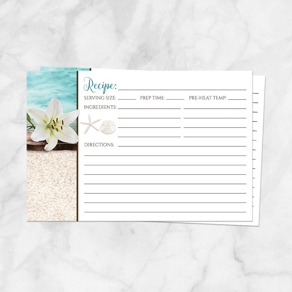 Beach Recipe Cards, Lily Seashells Sand, Teal Rustic Destination ...