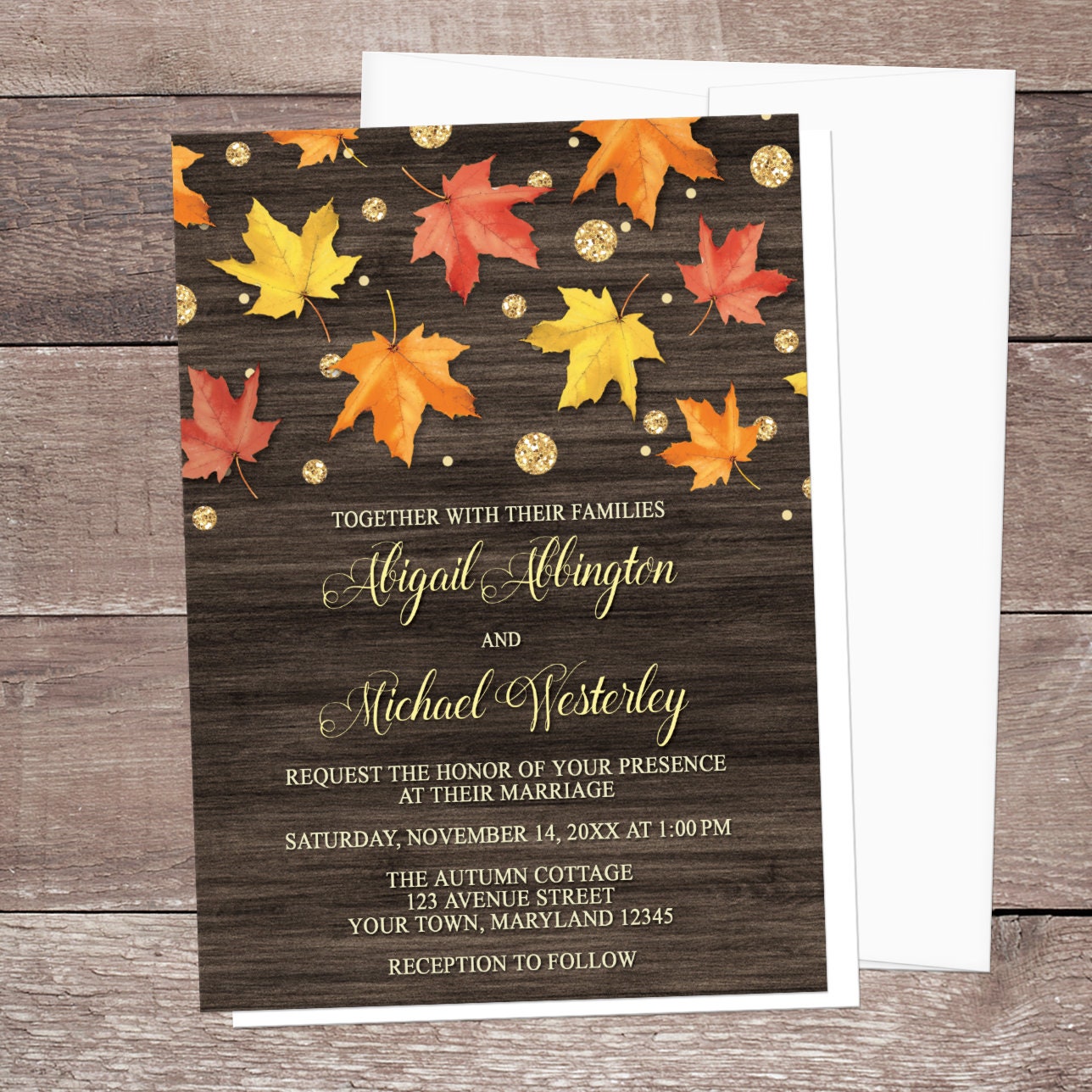 Autumn Wedding Invitations Rustic Falling Leaves Wood, Gold Glitter ...