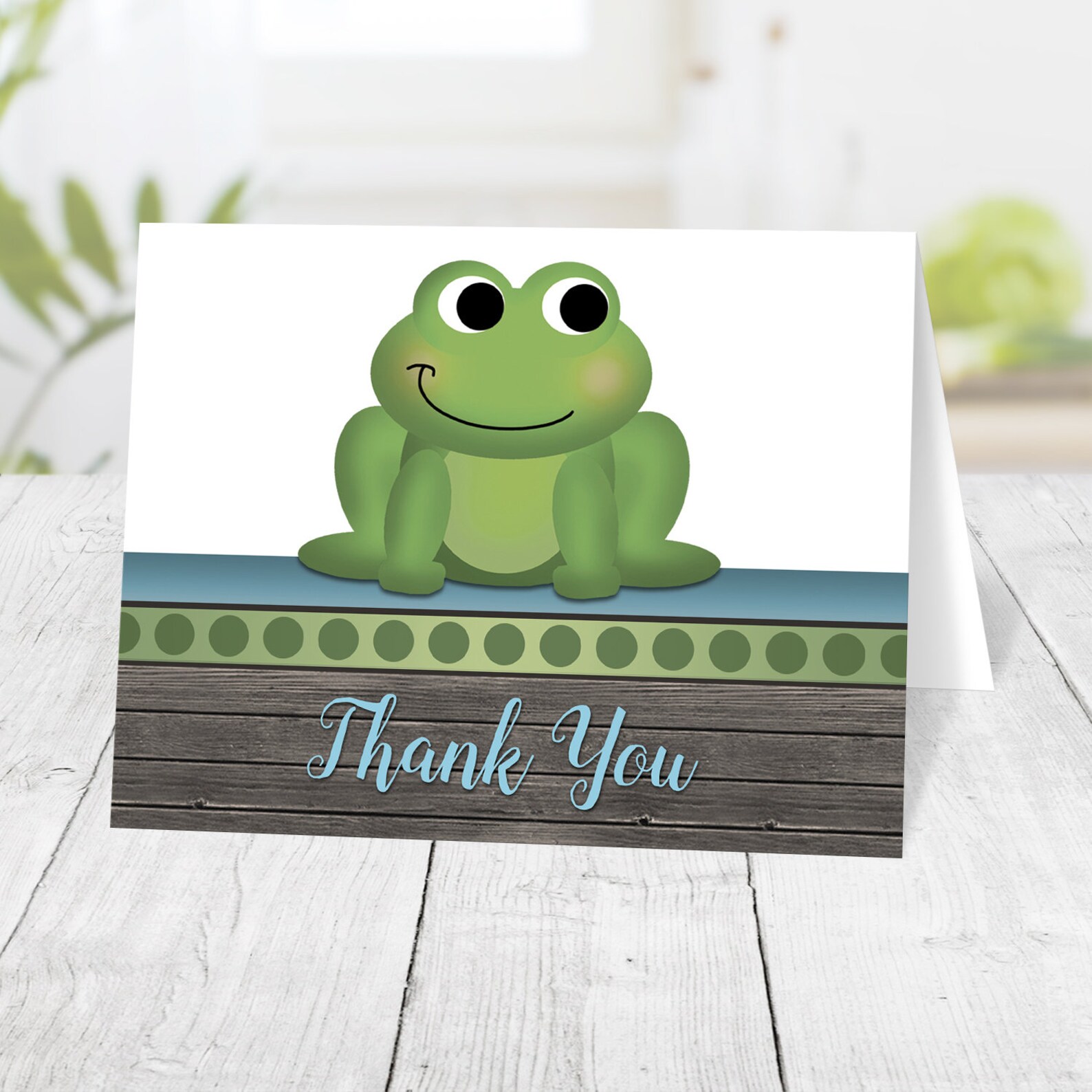 Cute Frog Thank You Cards, Rustic Wood Green Blue Brown, Blank Inside ...