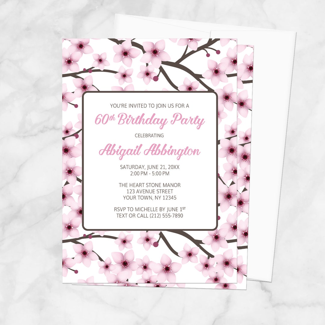 Cherry Blossom Birthday Invitations, Pretty Pink Sakura Branches Floral ...