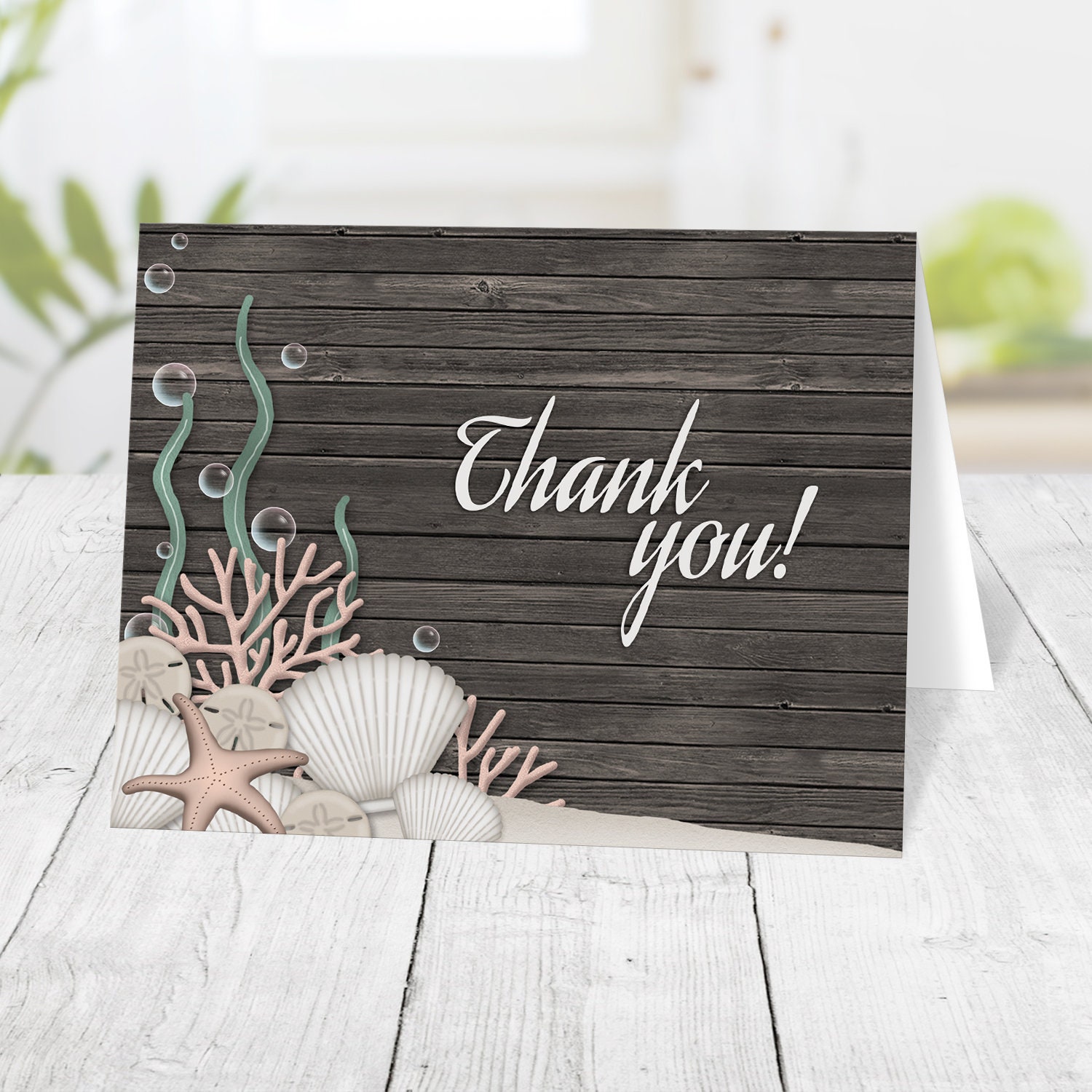 Rustic Beach Thank You Cards - Seashells Over Dark Wood, Seashell Thank ...