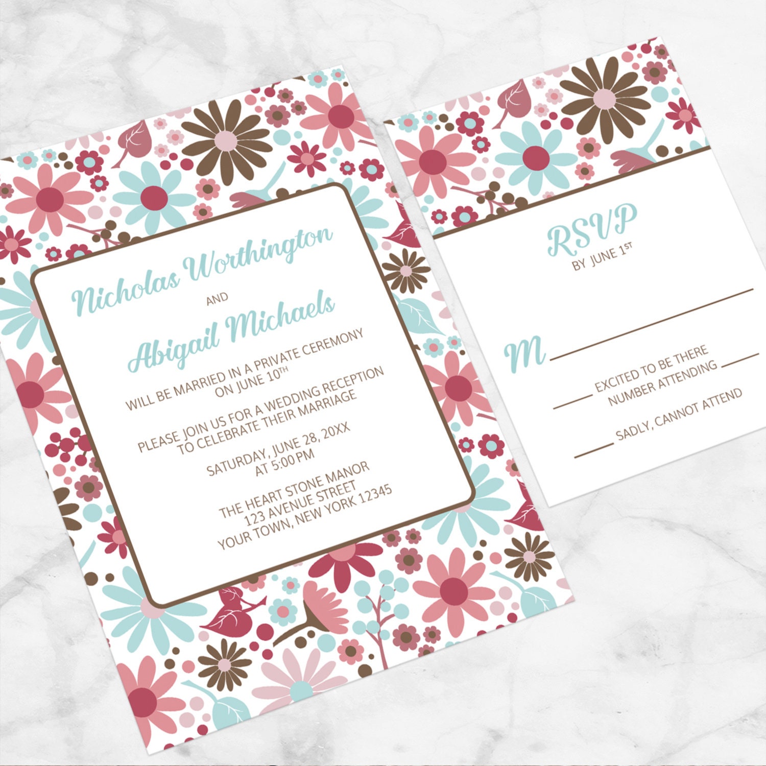 Summer Reception Only Invitations, Blue Berry Pink Brown Flowers ...