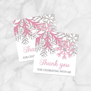 Winter Thank You Stickers, Pink Silver Snowflakes, Favor Stickers ...