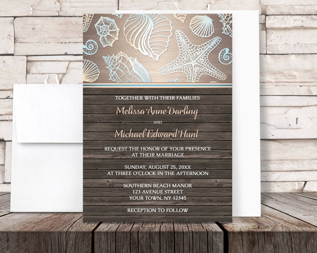 Rustic Beach Wedding Invitations: Seashell Wood Print - Etsy