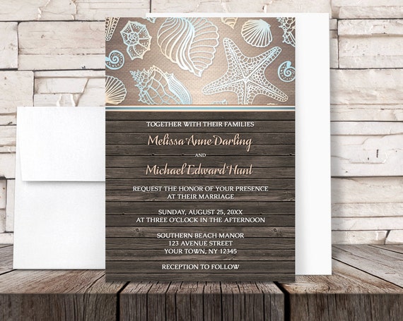 Beach Wedding Invitations - Rustic Wood Beach Seashell - Rustic Beach ...