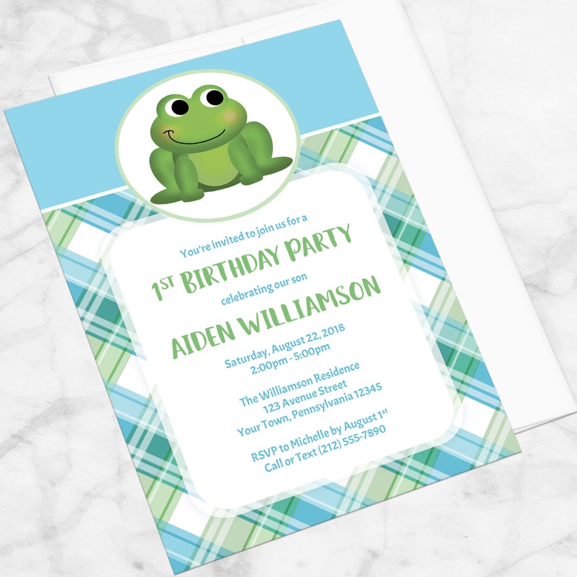 Cute Frog Birthday Party Invitations, Green Blue Plaid 1st Birthday or ...