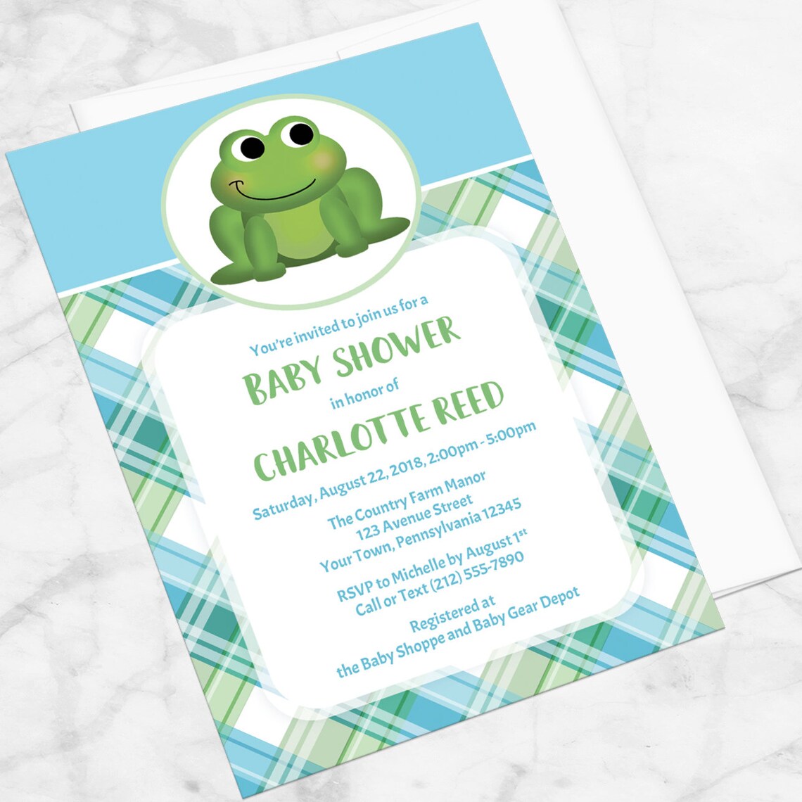 Frog Baby Shower Invitations: Green & Blue Plaid, Printed - Etsy
