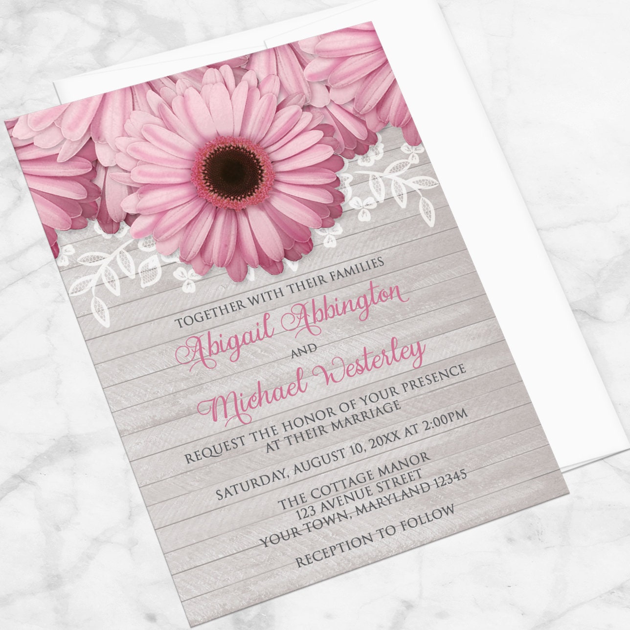 Pink Daisy Wedding Invitations, Rustic Floral Light Gray Wood - Printed ...