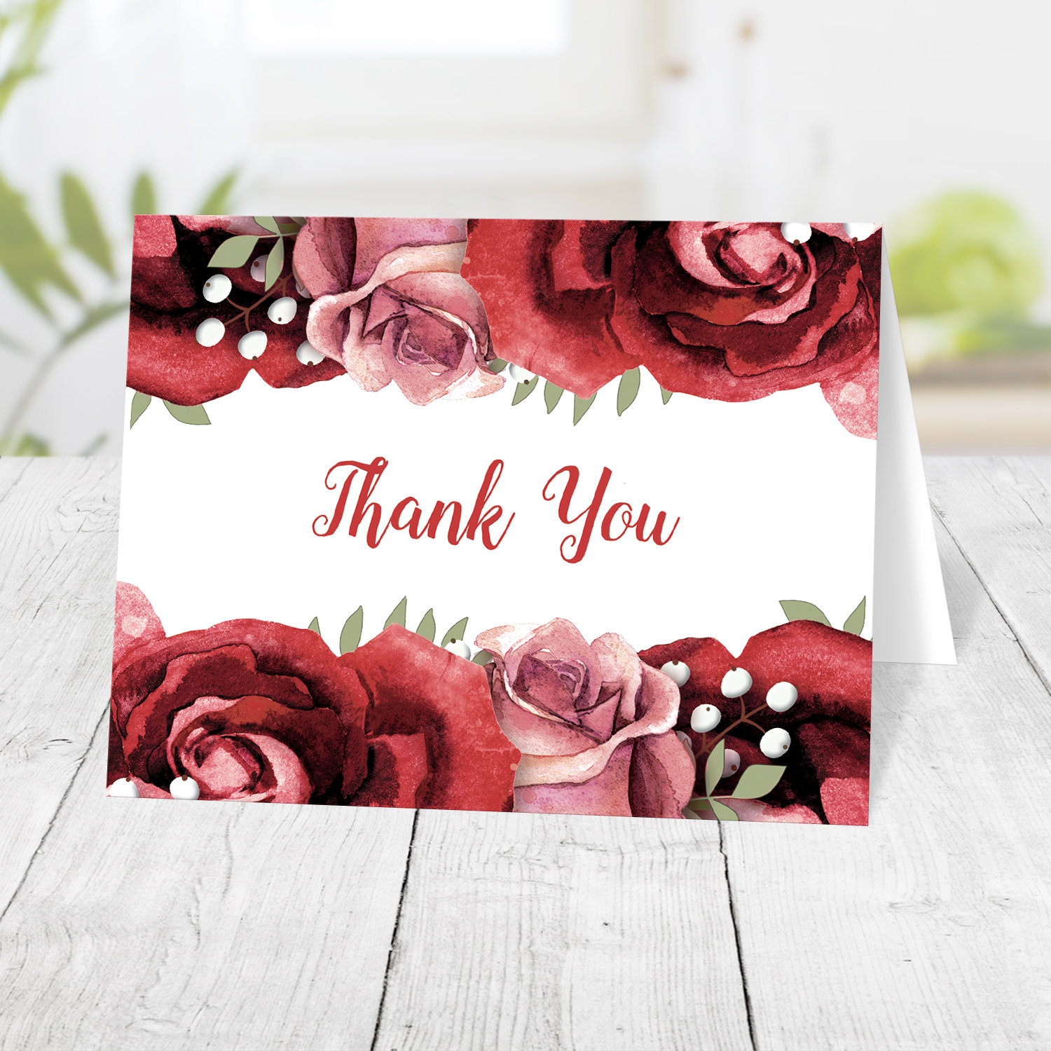 Rustic Rose Thank You Cards, Red Pink Roses With Green on White, Folded ...
