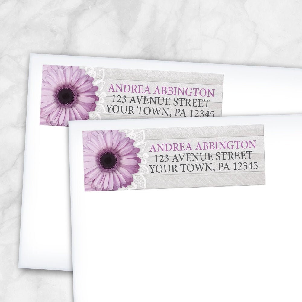 Purple Daisy Address Labels, Rustic Floral and Light Gray Wood Printed ...