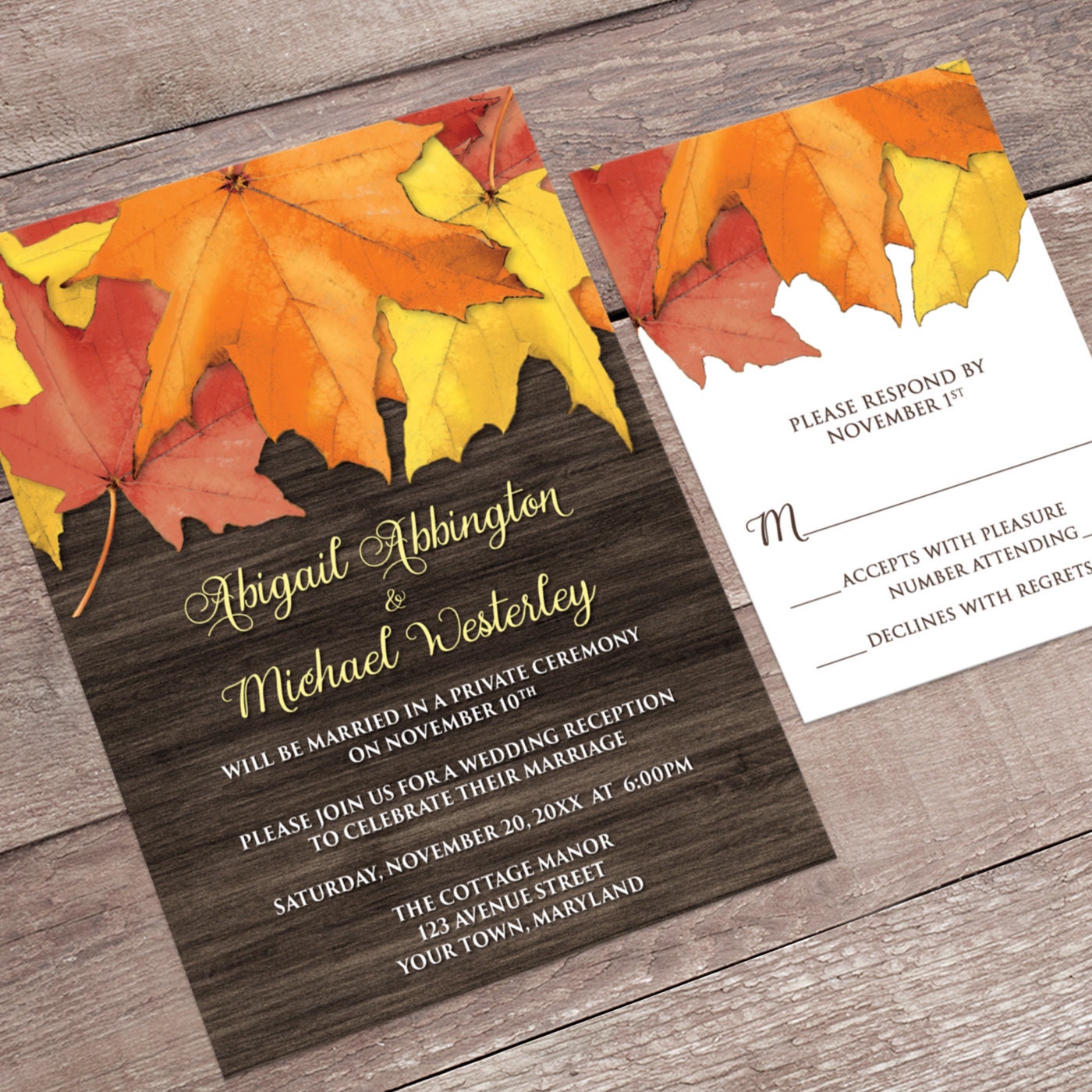 Autumn Reception Only Invitations Rustic Leaves Wood | Etsy