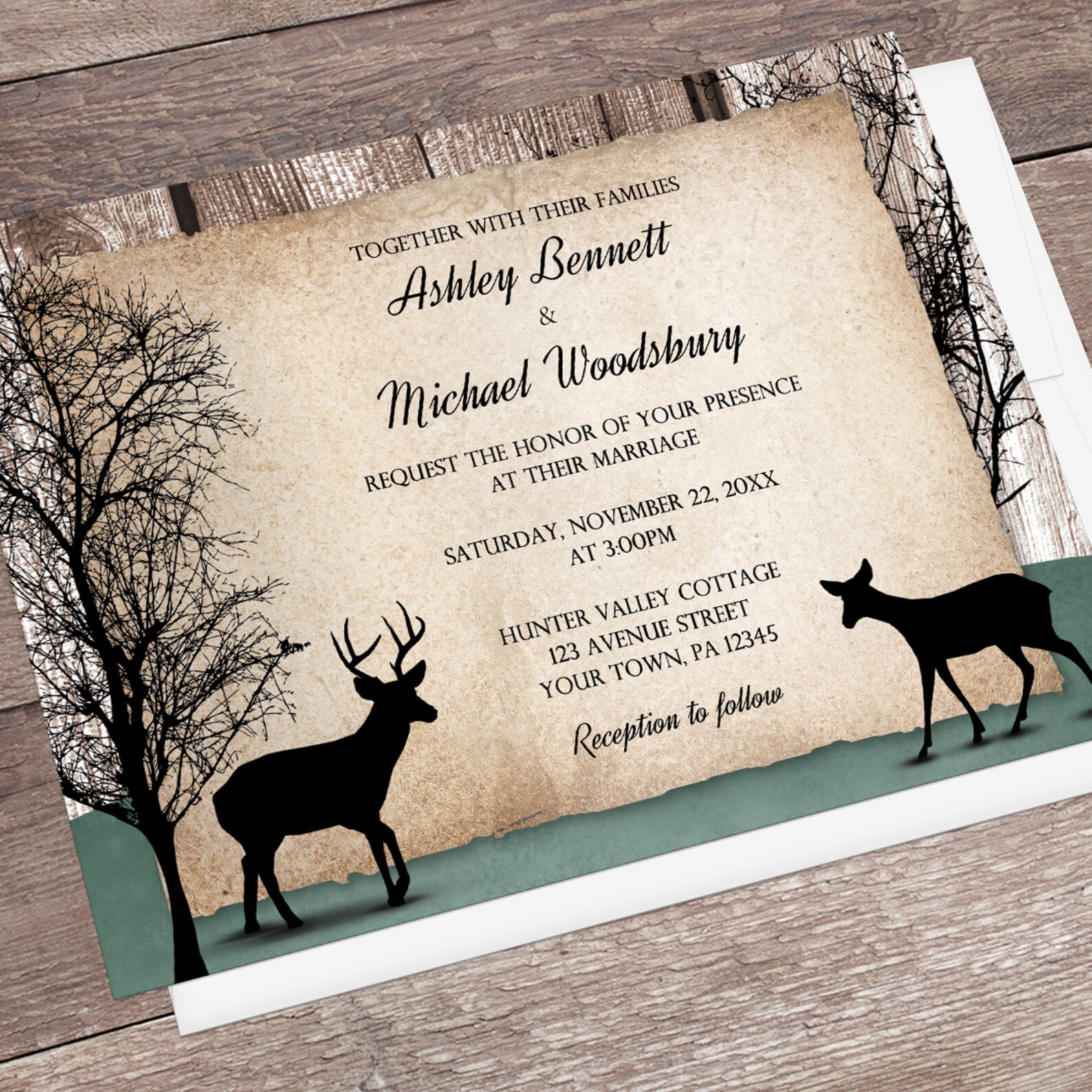 Rustic Woodsy Deer Wedding Invitations - Winter Trees Deer-theme ...