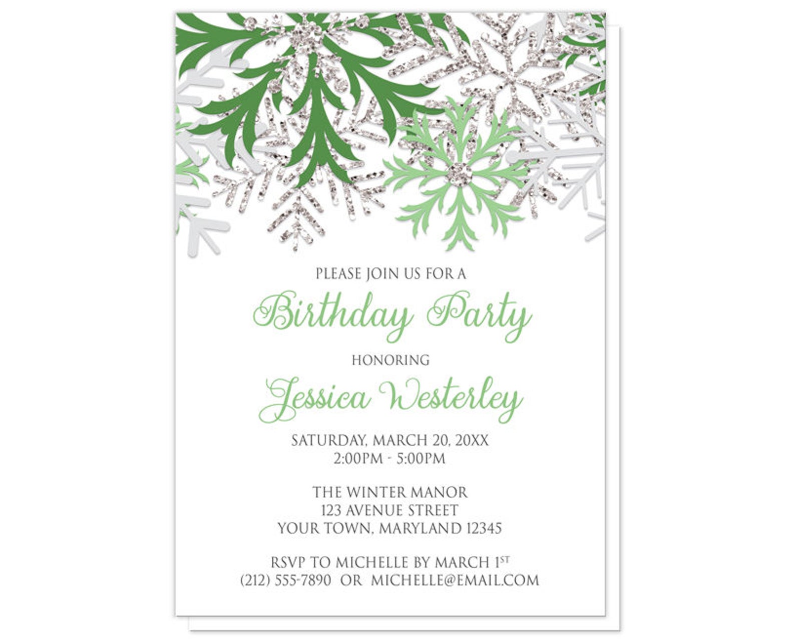 Winter Birthday Party Invitations Green and Silver - Etsy