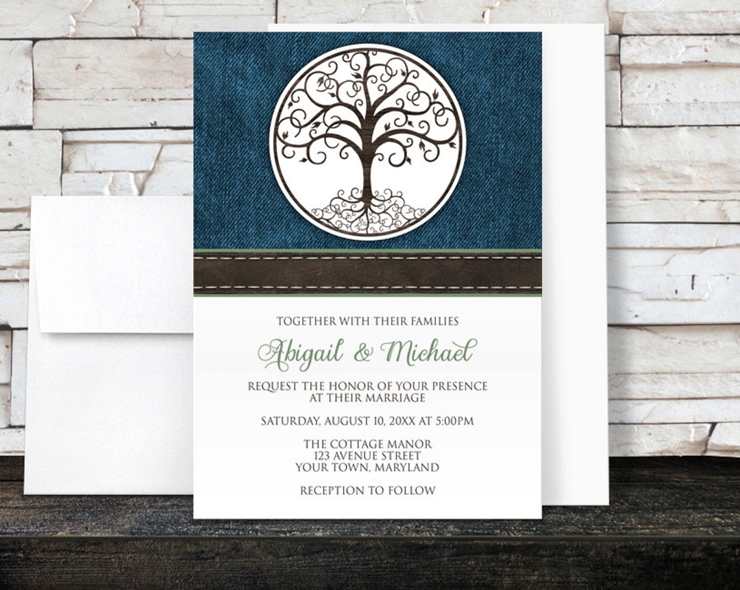 Tree of Life Wedding Invitations, Rustic Tree of Life Over Blue Denim ...