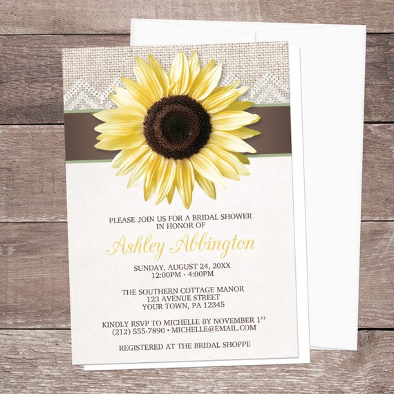Sunflower Bridal Shower Invitations Burlap Lace Brown Sage Green 
