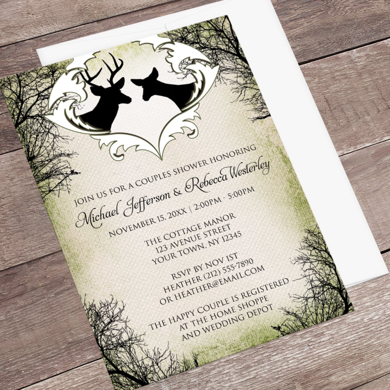 Rustic Deer Frame Couples Shower Invitations Green Woodsy Outdoorsy ...