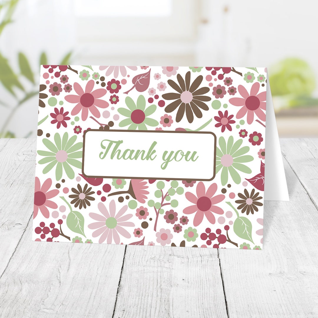 Summer Thank You Cards, Green Berry Pink Brown Flowers, Floral Folded ...