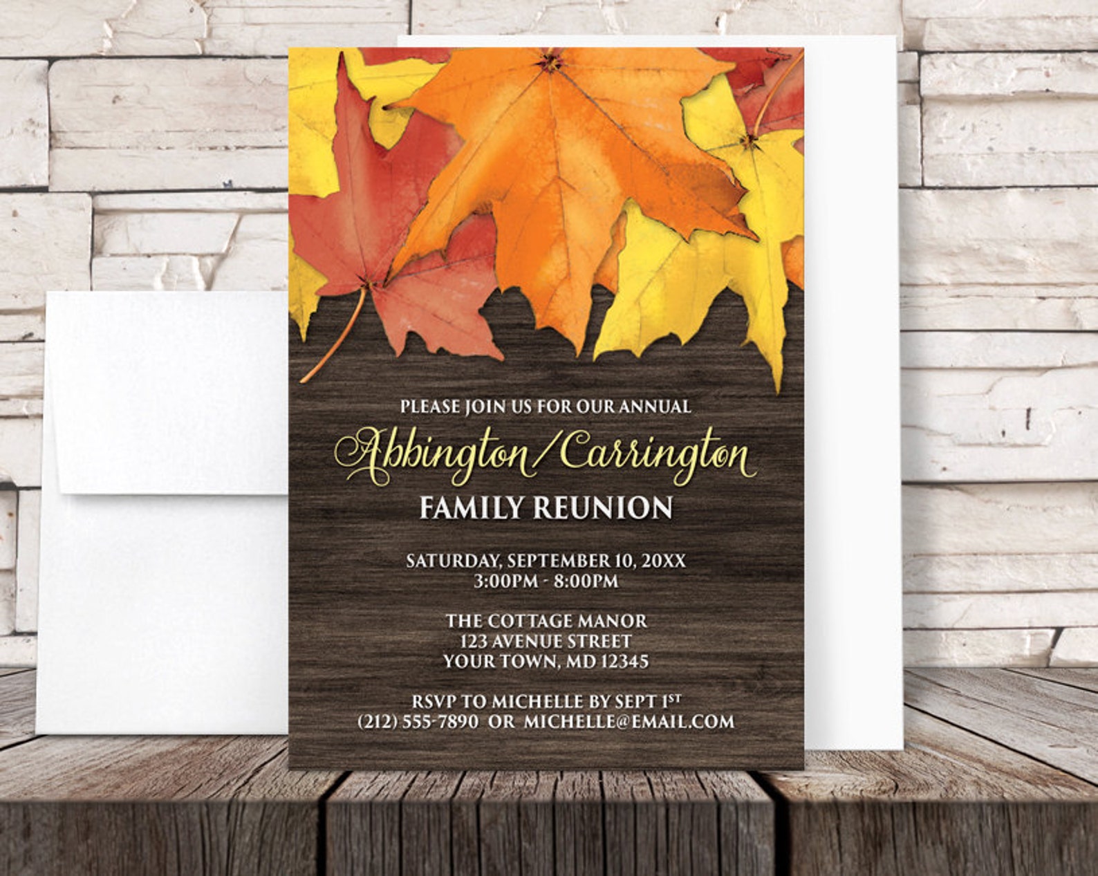 Autumn Leaves Wood Family Reunion Invitations - Rustic Fall Country ...