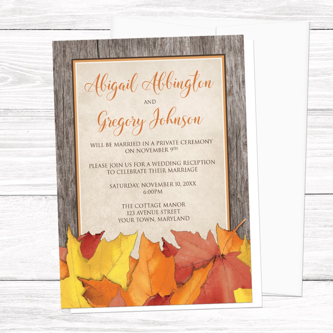 Fall Reception Only Invitations - Rustic Leaves and Wood, Autumn ...