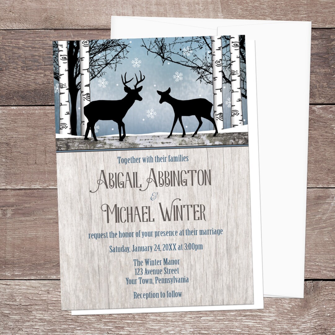 Deer Wedding Invitations Rustic Blue Snowflakes Birch - Etsy