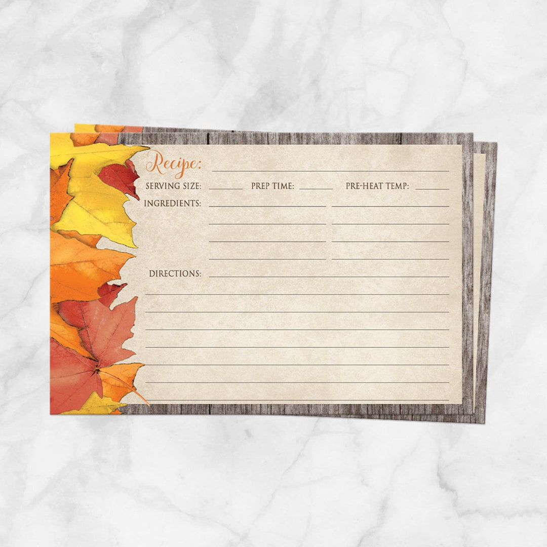 Fall Recipe Cards, Rustic Leaves and Wood, Autumn Rustic Orange Brown ...