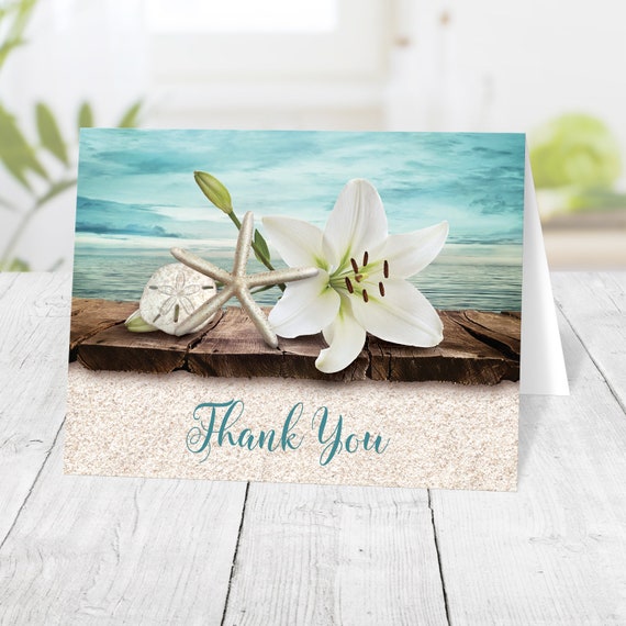 Beach Thank You Cards, Lily Seashells Sand Teal, destination tropical ...
