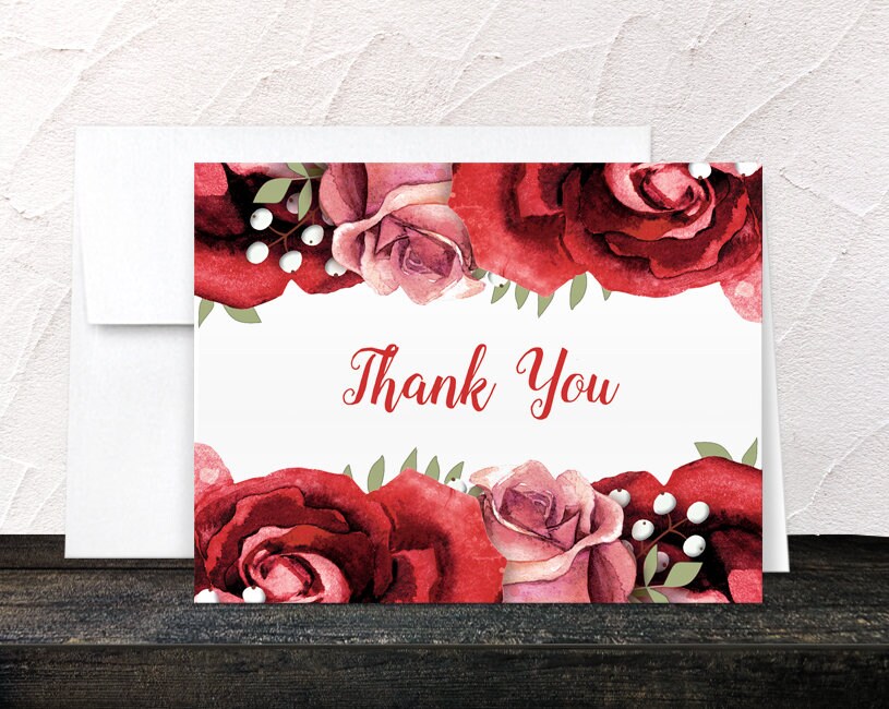 Rustic Rose Thank You Cards, Red Pink Roses With Green on White, Folded ...