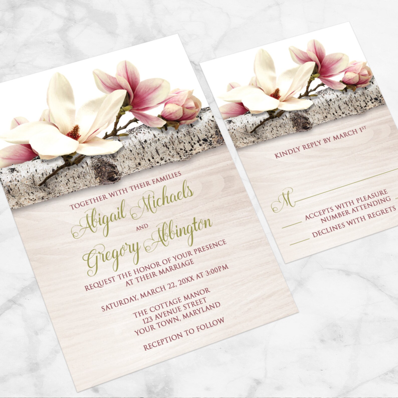 Magnolia Wedding Invitations: Rustic Birch Floral Design - Etsy
