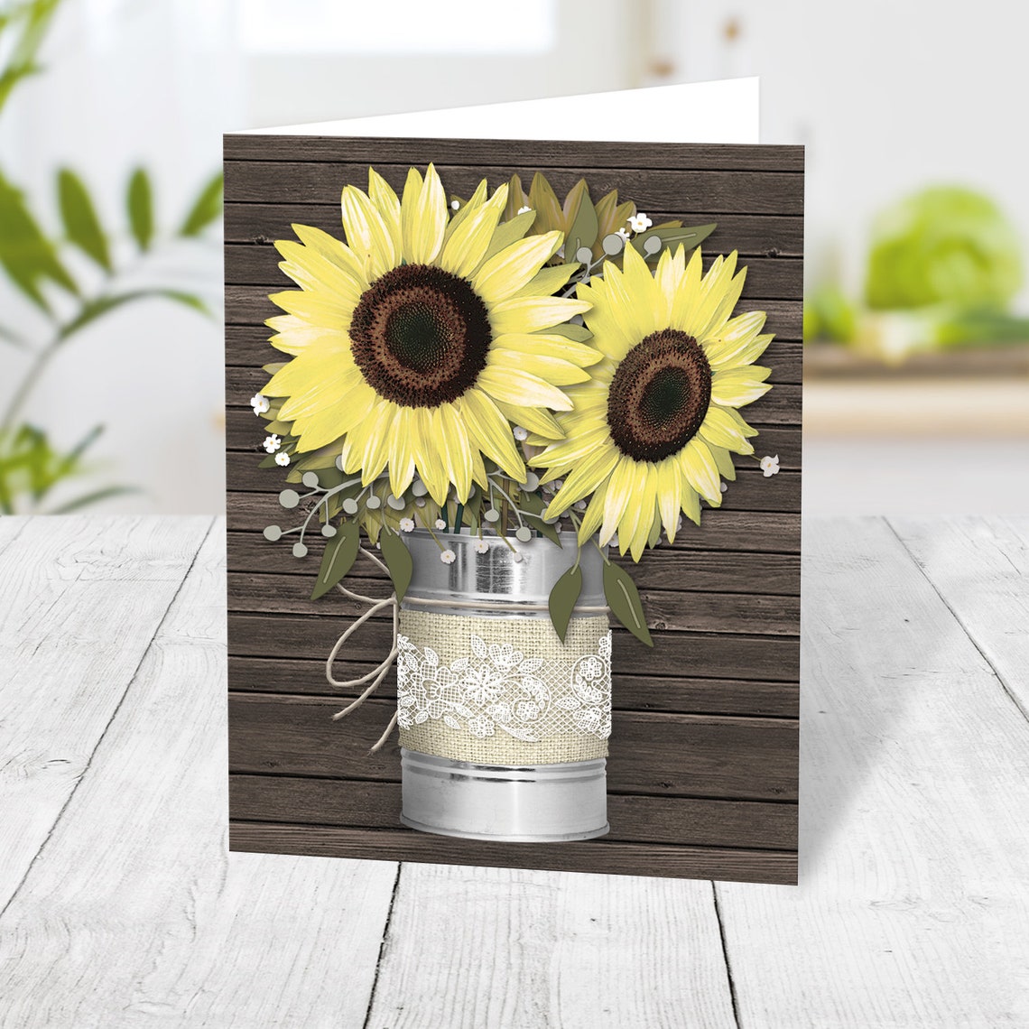 Rustic Sunflower Tin Can Note Cards, Country Burlap and Lace Sunflower ...